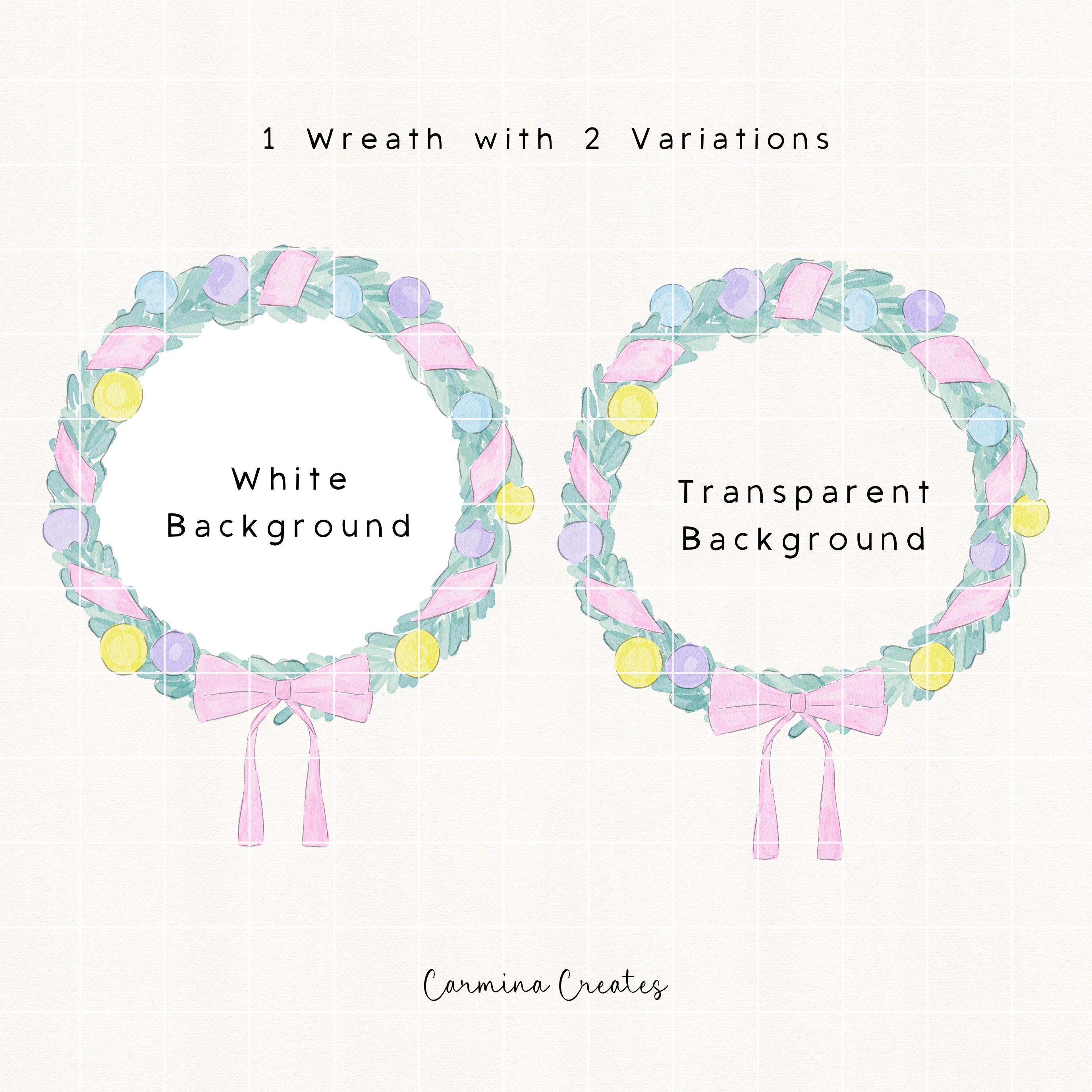 Pastel Christmas Wreath Watercolor Clipart, Pink Christmas Garland Bow ...