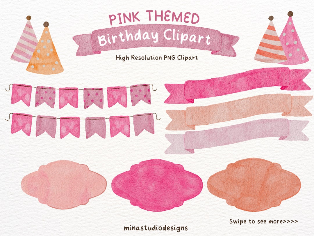 Pink Birthday Watercolor Cliparts Watercolor Bunting Banner Clipart ...