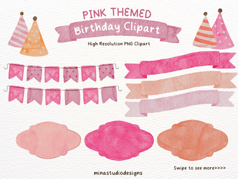 Pink Birthday Watercolor Cliparts Watercolor Bunting Banner Clipart ...