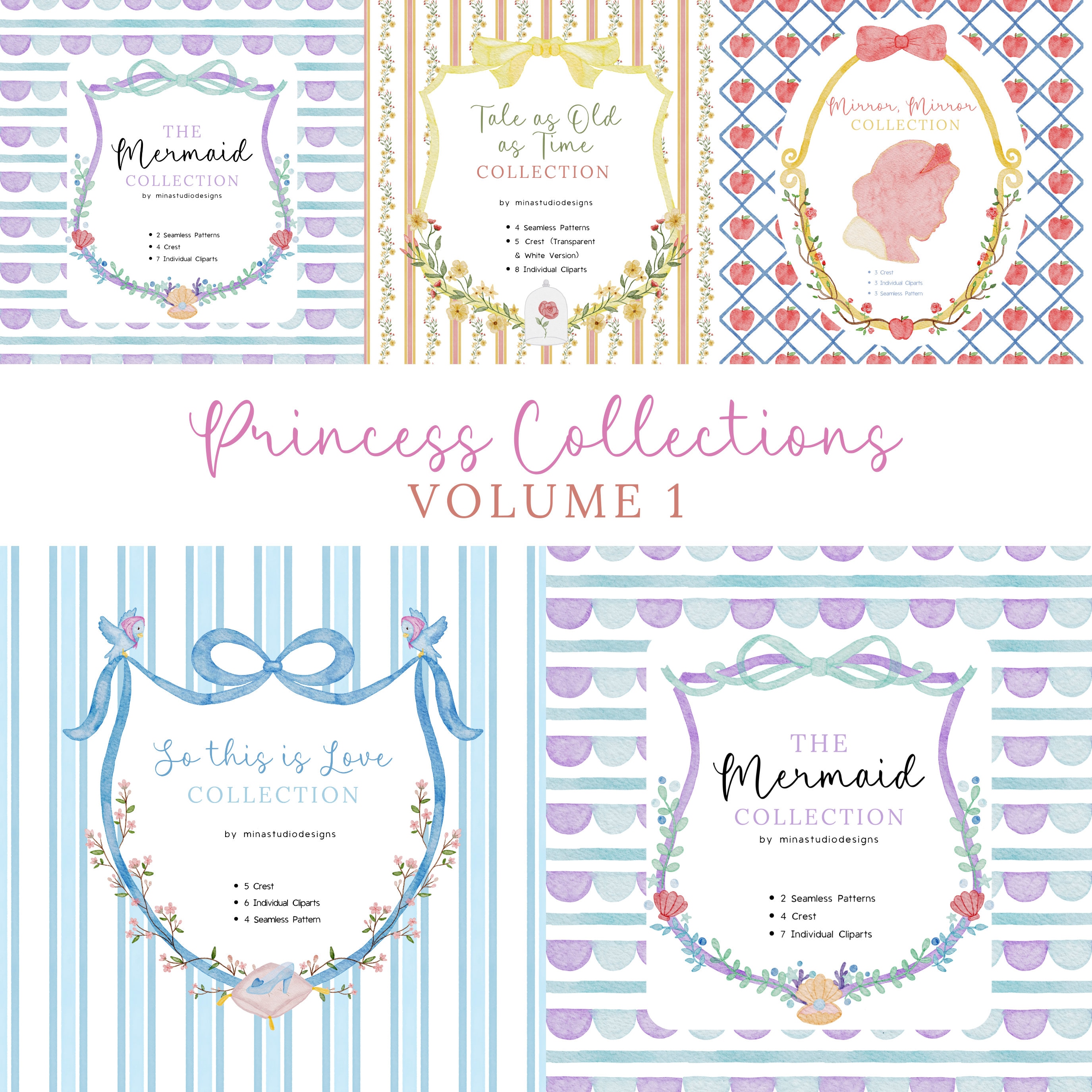 Princess Collection Bundle, Watercolor Crest Clipart, Princess Aurora ...