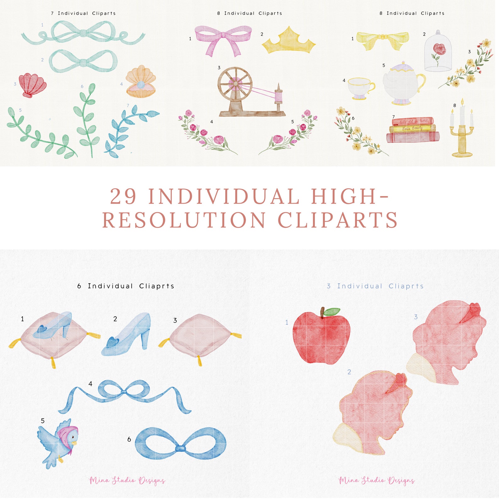 Princess Collection Bundle, Watercolor Crest Clipart, Princess Aurora ...
