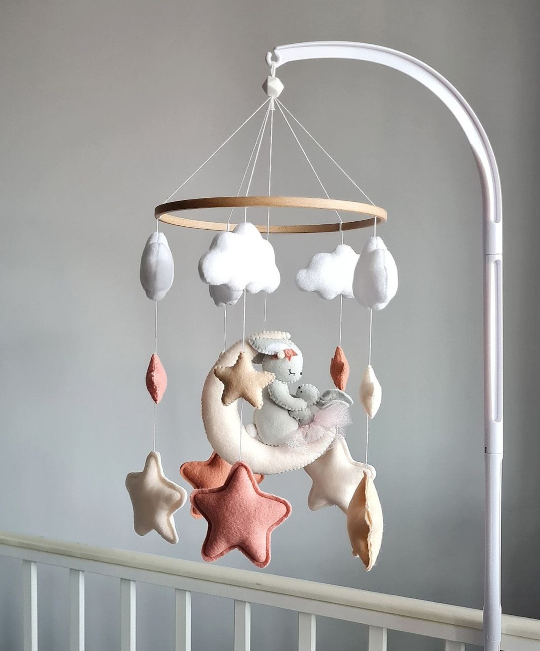 Handmade Felt Baby Mobile – Mama Bunny & Baby on Moon, Nursery Decor ...