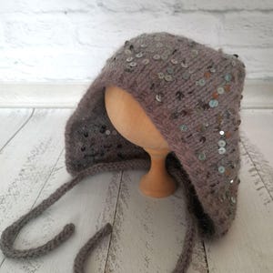 Sparkle Bonnet Hat, Mink Yarn Balaclava, Sequin Bonnet Adult, Shiny ...