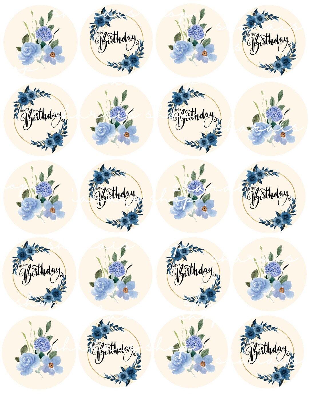 Floral Happy Birthday Cupcake Toppers Digital File Printable, Edible ...