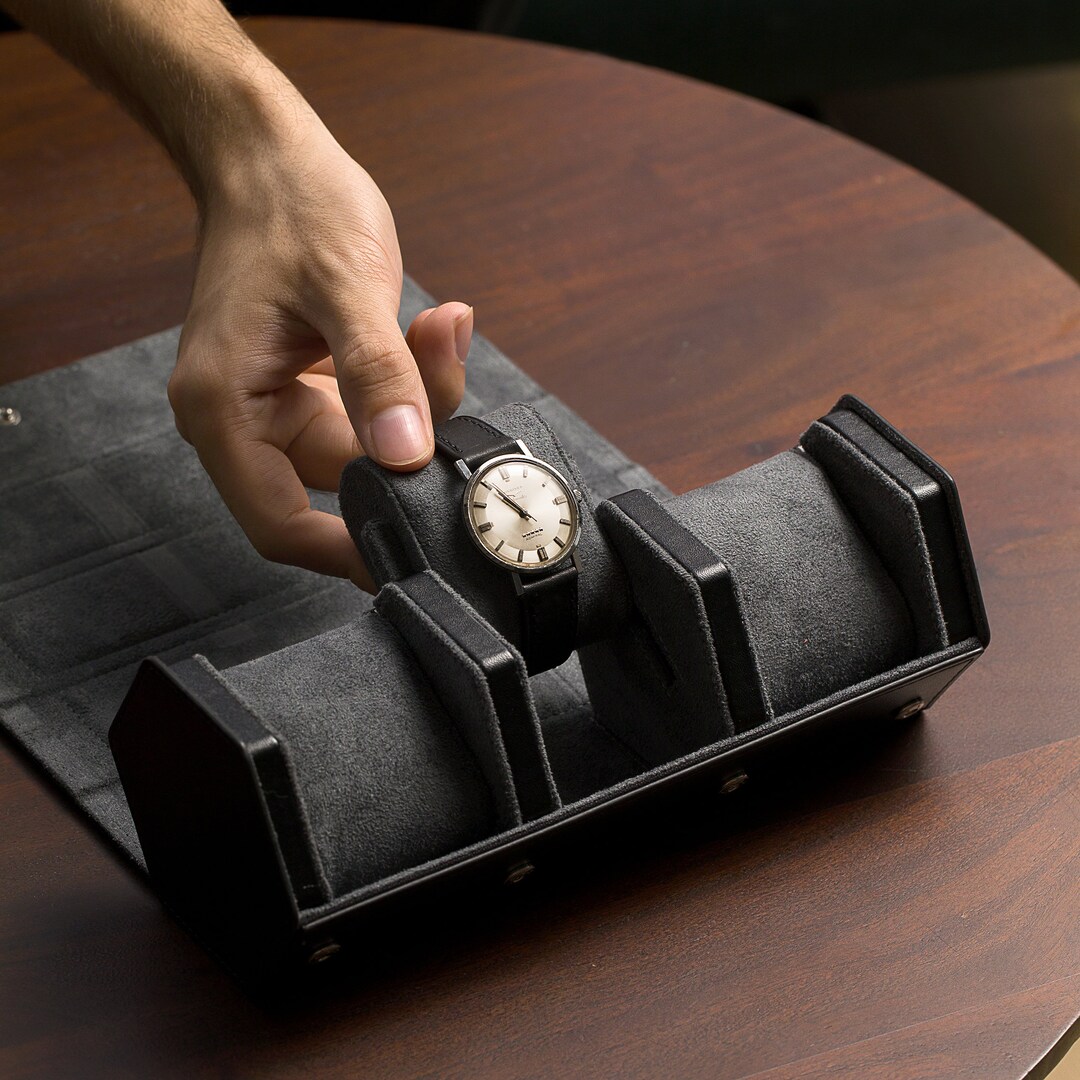 Black Genuine Full Grain Leather Watch Case for Men - Watch Roll Travel ...