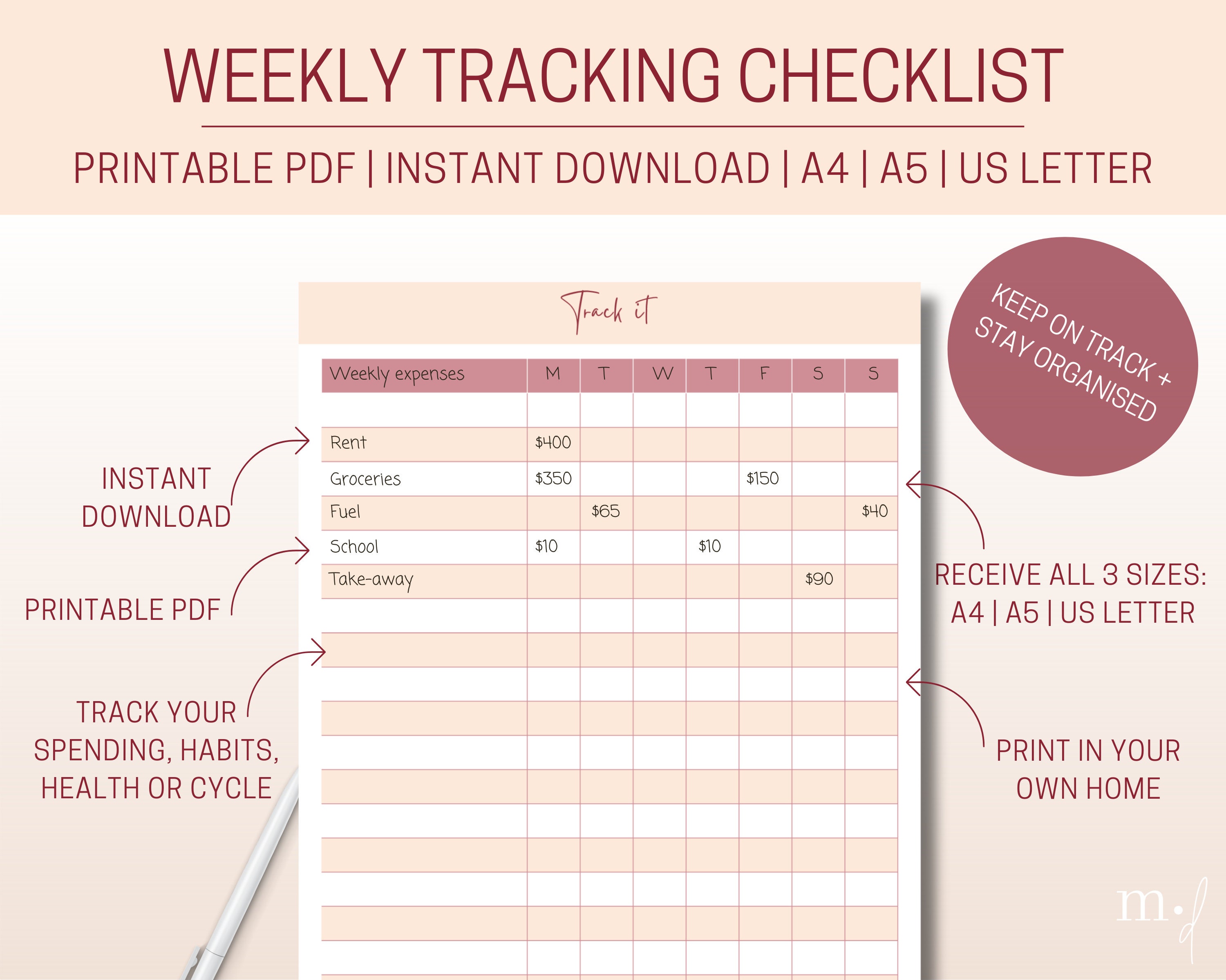 Weekly Checklist, Daily Checklist, Cleaning Checklist, Fitness Tracker ...