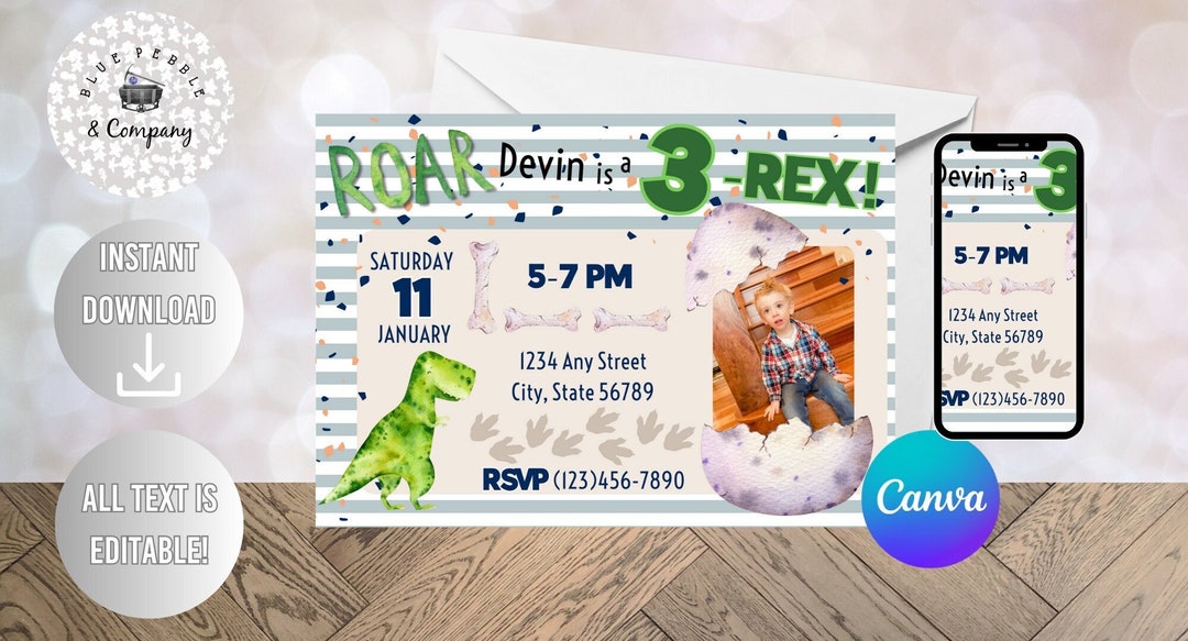 3-REX Birthday Invitation & Video Template Customizable Instant Digital ...