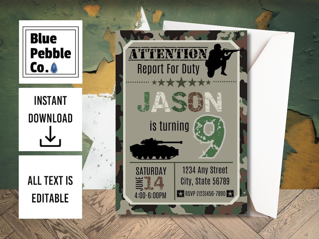 Army Birthday Invitation | Military Party Invite | Camouflage Birthday | Boot Camp Party | Boot ...