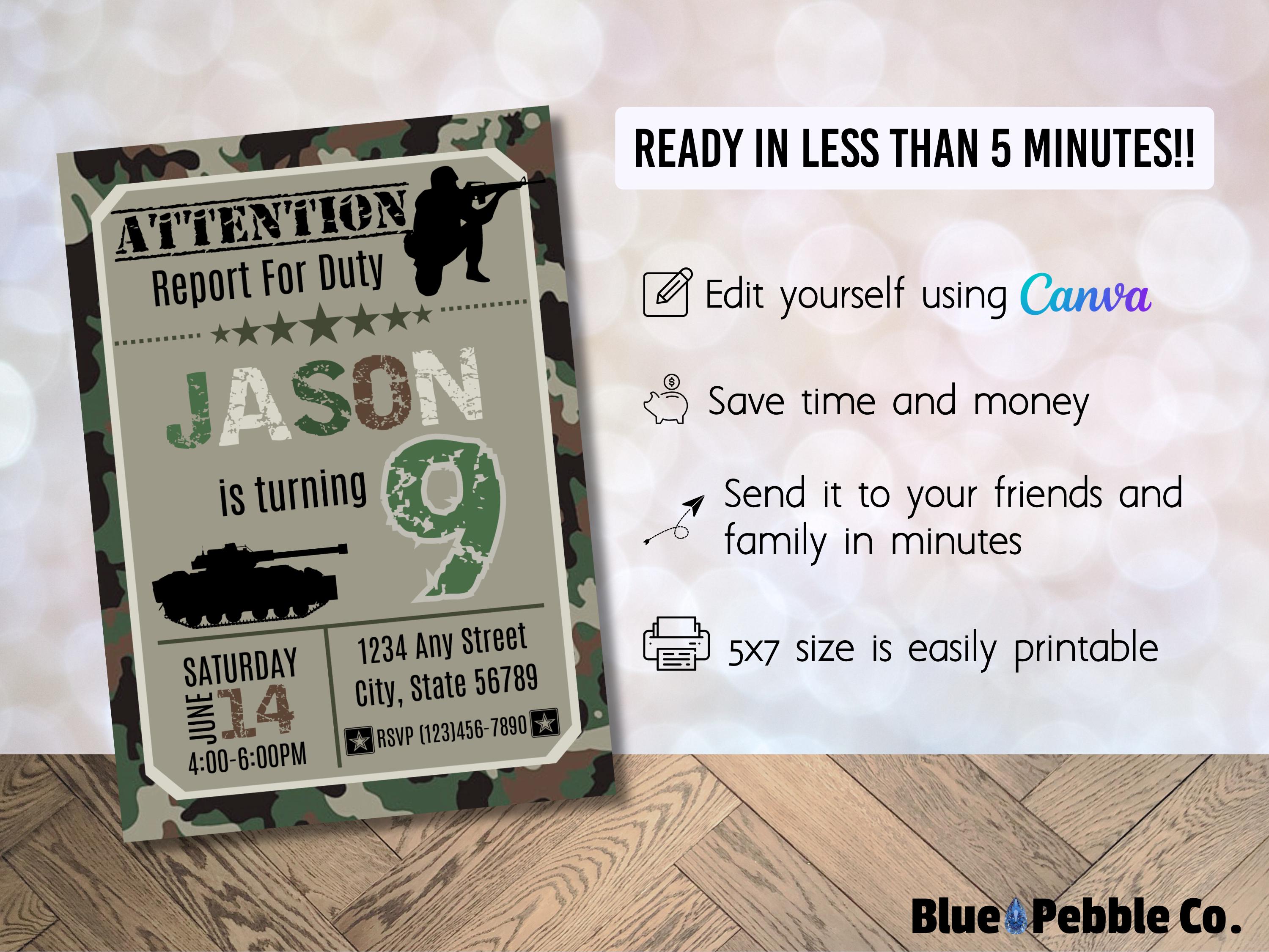 Army Birthday Invitation | Military Party Invite | Camouflage Birthday | Boot Camp Party | Boot ...