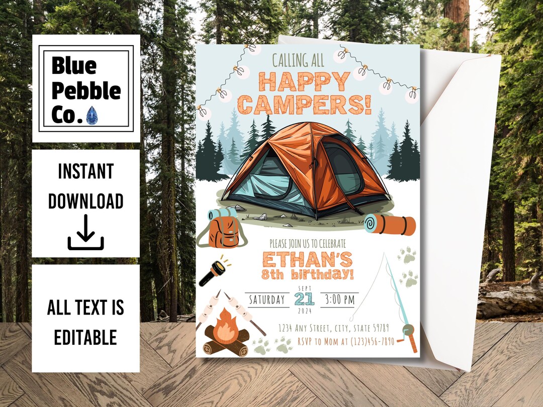 Happy Camper Birthday Invitation. Camping Party Invite. Outdoor ...