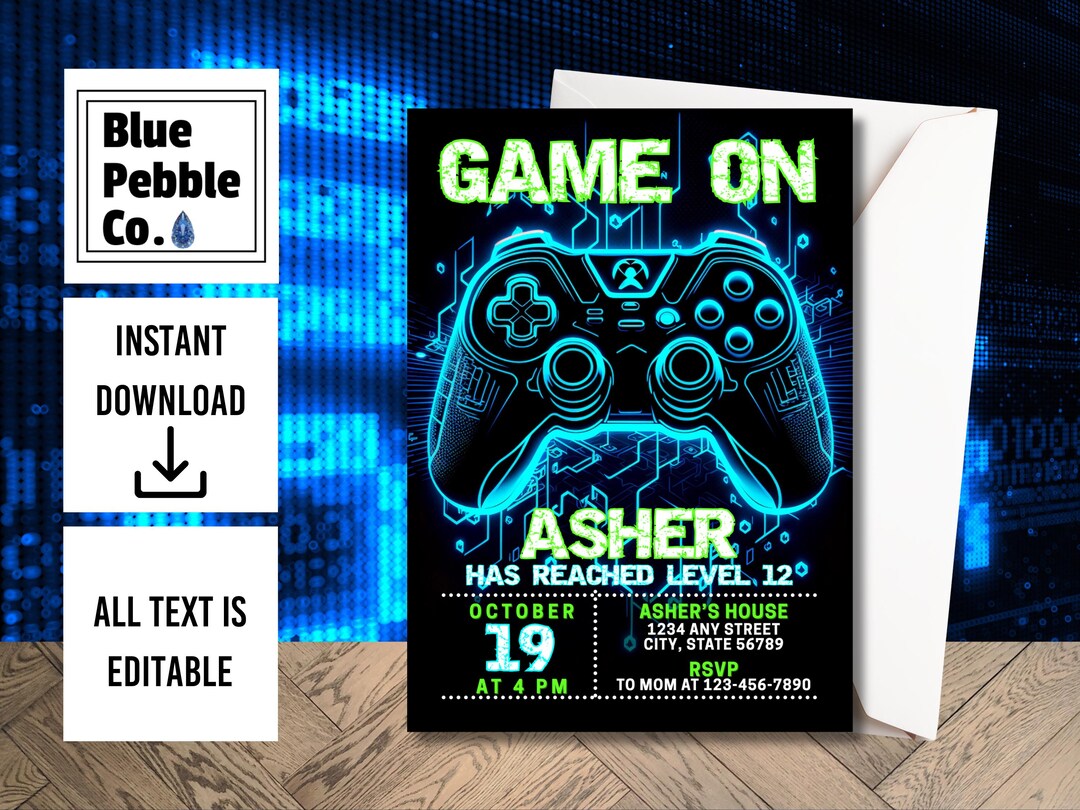 Game on Birthday Invitation Template: Editable Gamer Party Invite ...