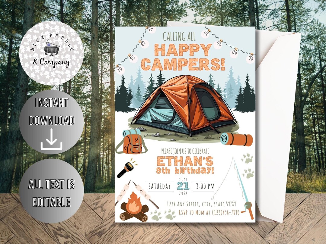 Happy Camper Birthday Invitation. Editable Camping Birthday Invite. Camping Birthday Party. Boy ...