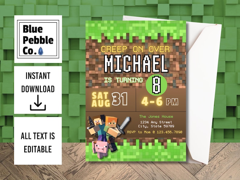 Minecrafter Birthday Invitation | Pixel Party Invite | Gamer Birthday ...