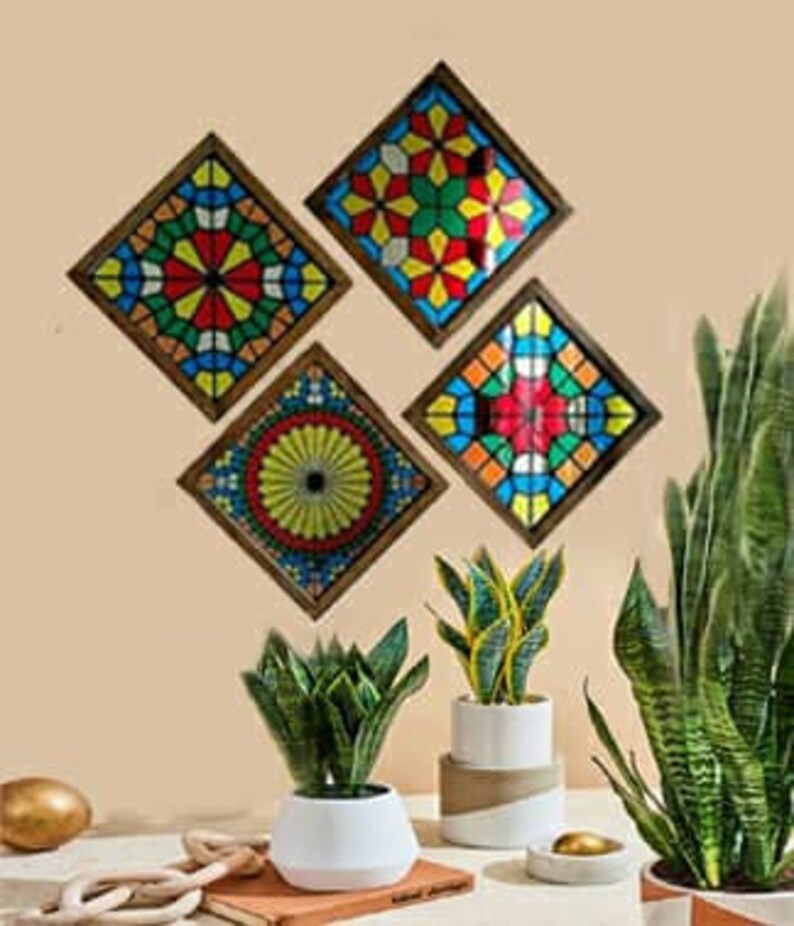 Set of Four Glass Painted Wall Decoration - Etsy