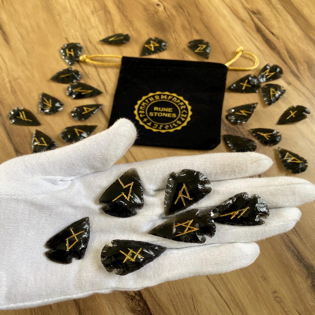 Black Obsidian Rune Set Elder Futhark Arrowhead Runes for Divination ...