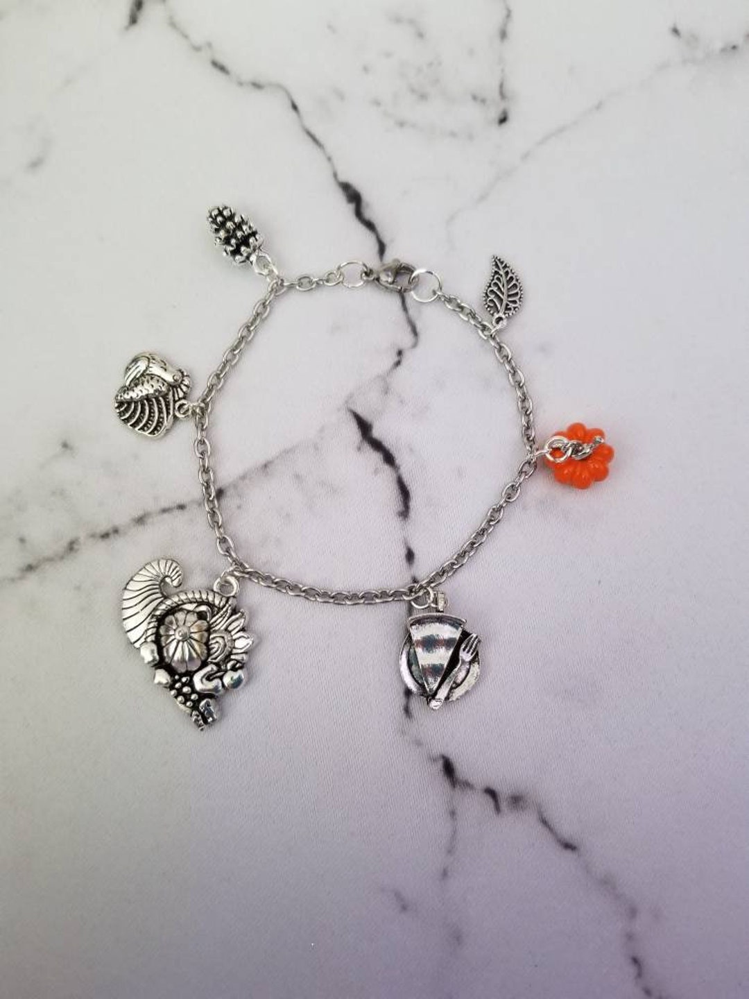 Thanksgiving Inspired Charm Bracelet Stainless Steel Silver Cornucopia ...
