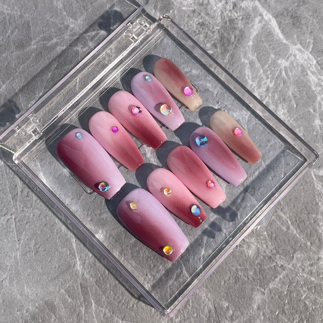Paste Gradient Press on Nails Long Coffin Nails/burgundy Rhinestone ...