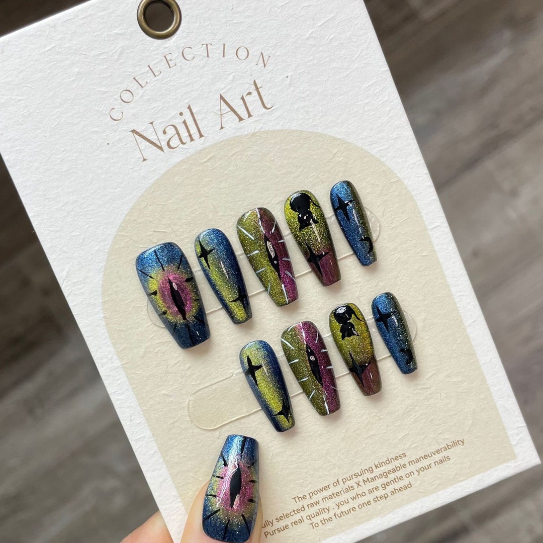 Devil Eye Glitter Green Press on Nails Long Coffin/blue Cat Eye Nails ...