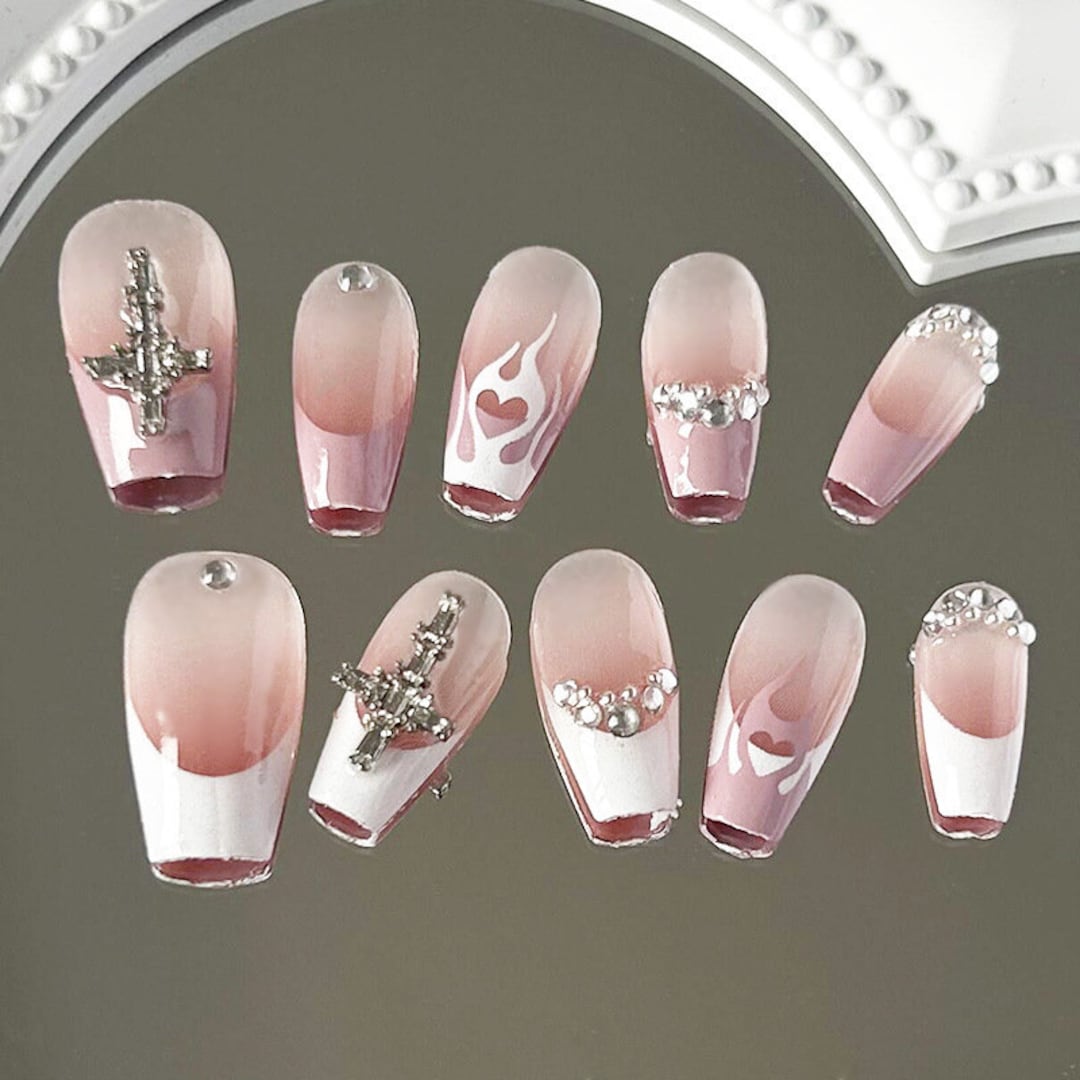 Y2k Pink Press on Nails Long Coffin Nails/french Pink Fake Nails/3d ...