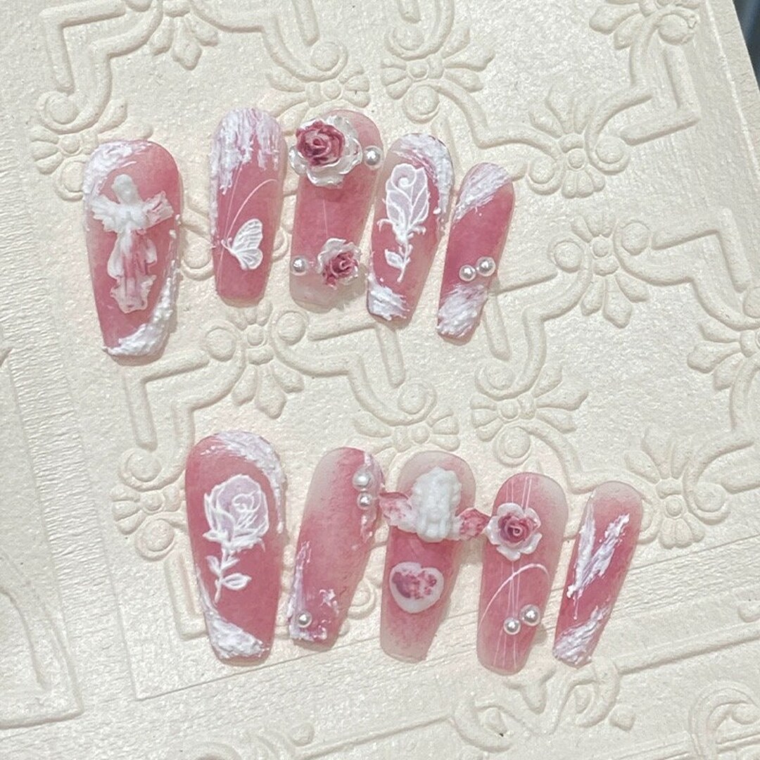 Pink Frosted 3D Angel Plaster Press on Nails/white Aesthetic Camellia ...
