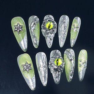 Green Viper Press on Nails Long Almond/3d Chrome Nails/metallic Silver ...