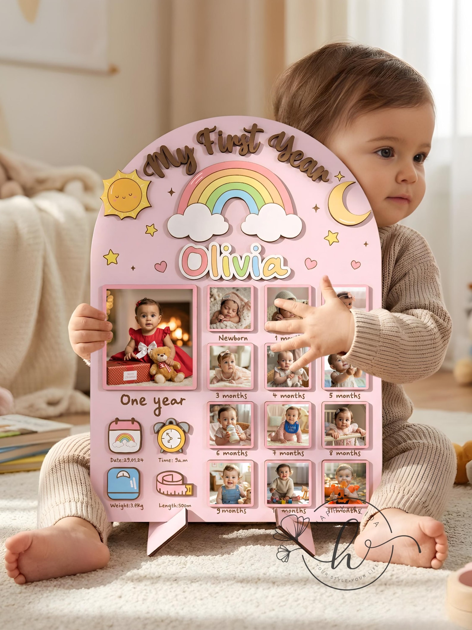 Personalized Rainbow Pink First Year Board, Baby Girl Milestone 12 ...