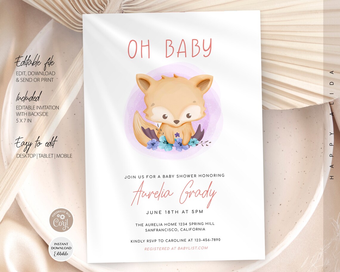 Editable Fox Baby Shower Invitation, Fox Themed Baby Shower, Oh Baby ...