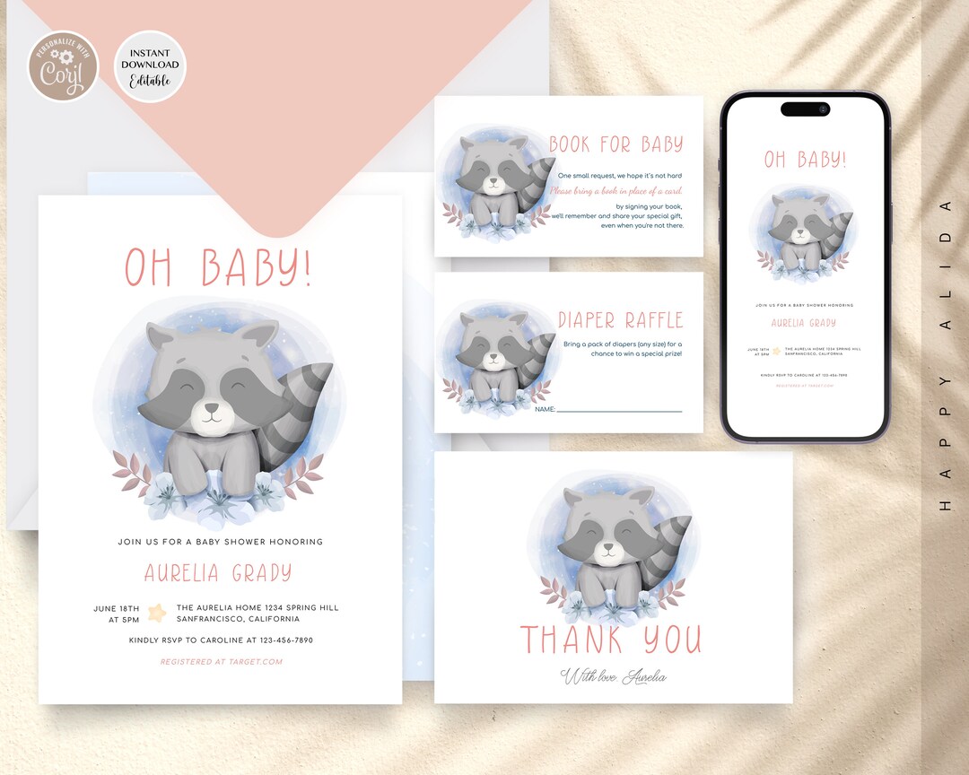 Editable Raccoon Baby Shower Invitation Set, Raccoon Baby Shower Invite ...