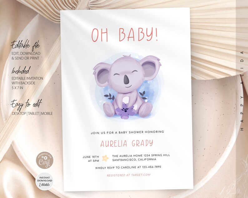 Editable Koala Baby Shower Invitation, Little Cute Koala Invitation, Gender Neutral Baby Shower ...