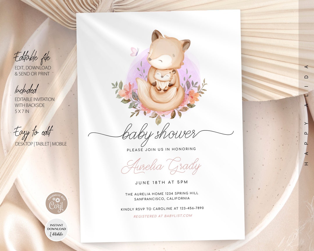 Editable Fox Baby Shower Invitation, Floral Fox Themed Baby Shower ...