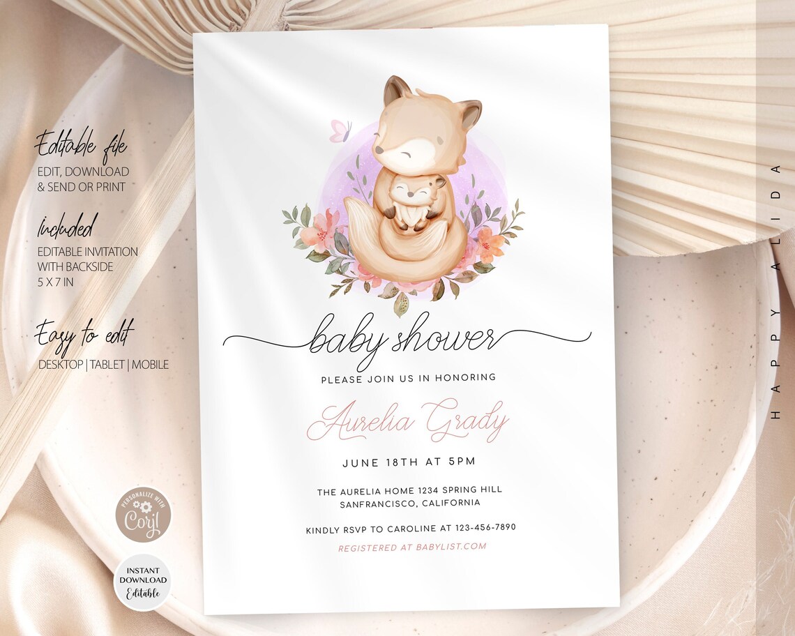 Editable Fox Baby Shower Invitation, Floral Fox Themed Baby Shower ...