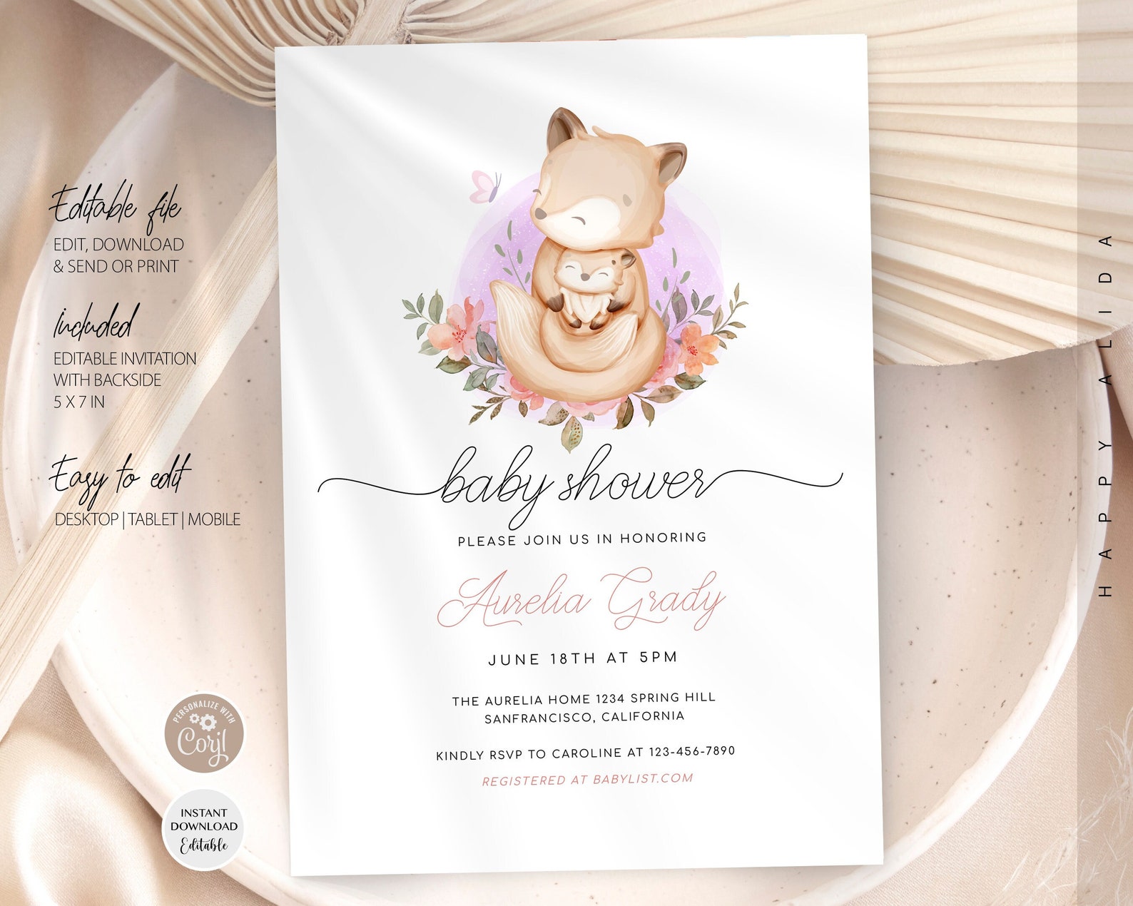 Editable Fox Baby Shower Invitation, Floral Fox Themed Baby Shower ...