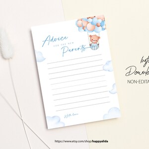 Printable Teddy Bear Hot Air Balloon Advice for the Parents-to-be Cards ...