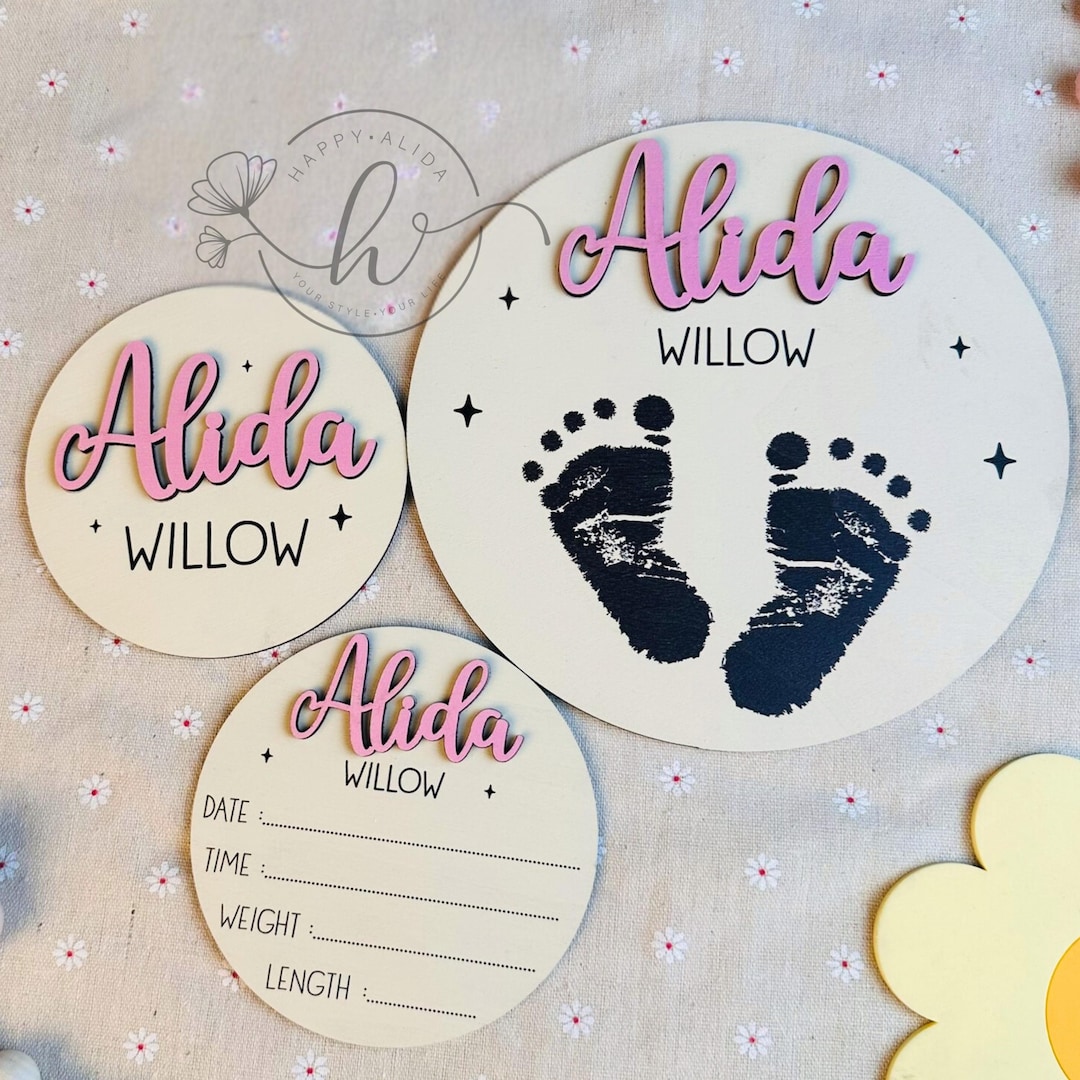 Personalized Wooden Baby Birth Announcement Discs Set, Custom Footprint ...