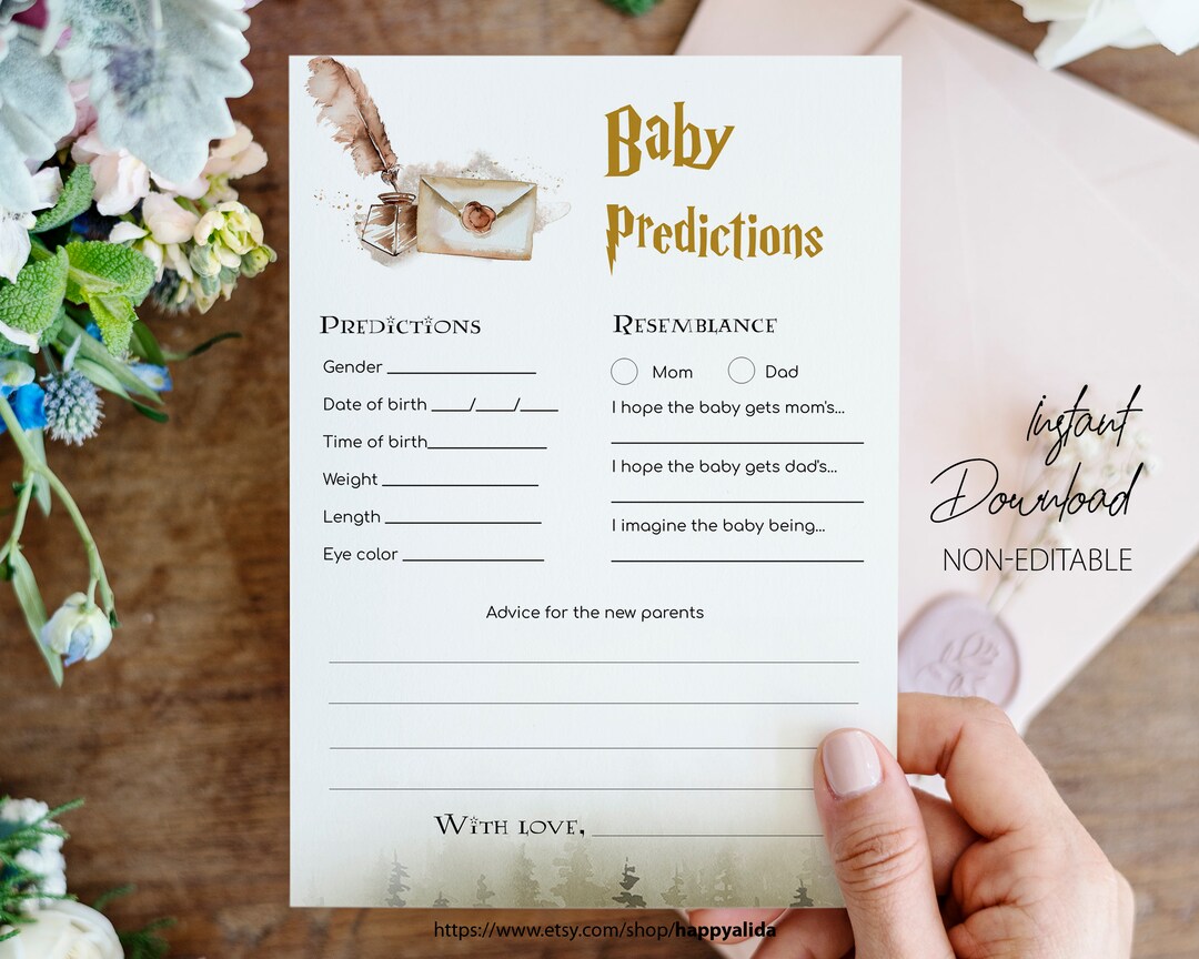 Printable Wizard Baby Predictions and Advice Card, Baby Shower Advice ...