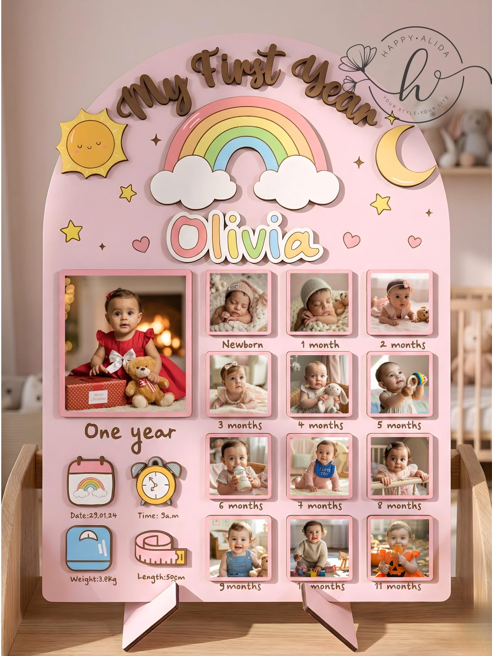 Personalized Rainbow Pink First Year Board, Baby Girl Milestone 12 ...
