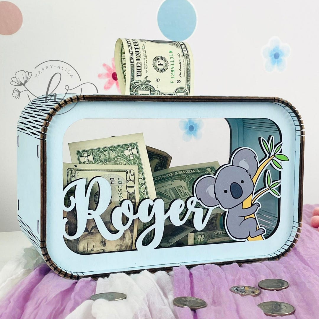 Personalized Koala Piggy Bank, Wood Money Box, Custom Engraved Coin Box ...