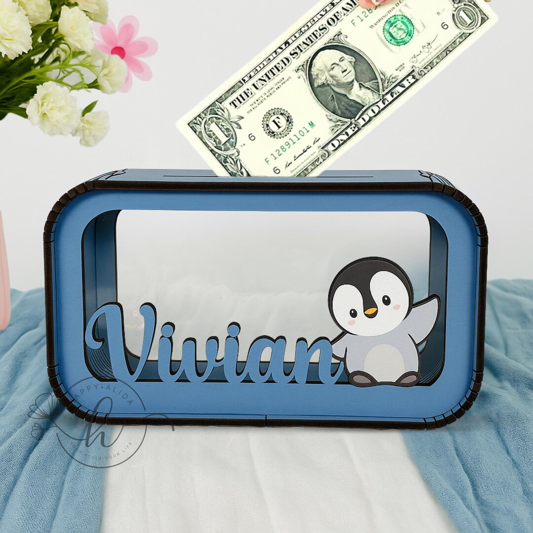 Personalized Penguin Piggy Bank, Penguin Coin Bank, Handmade Wooden ...