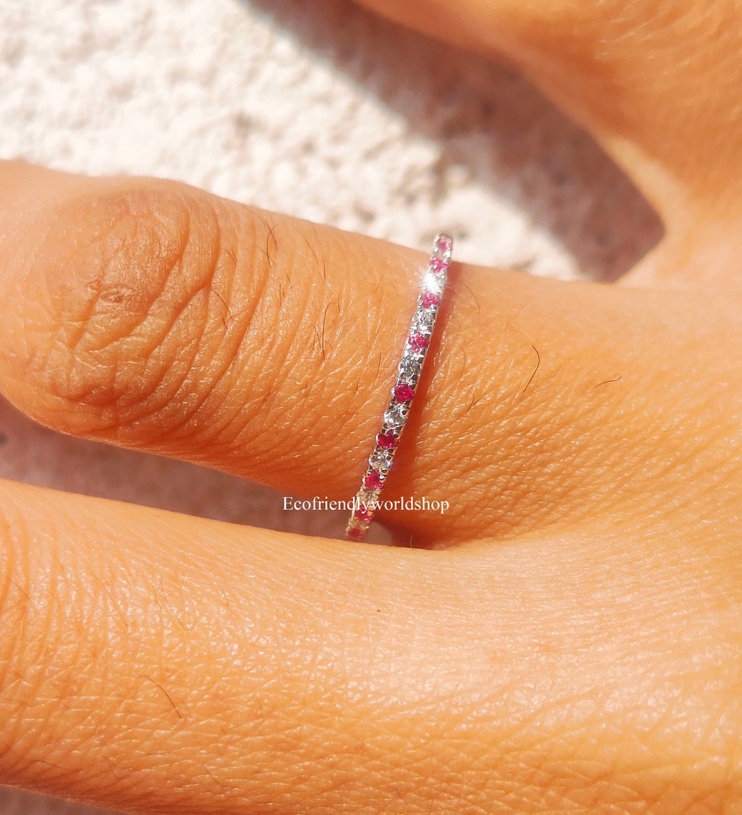 Alternating Ruby and Diamond Wedding Bands Women, Half Eternity ...