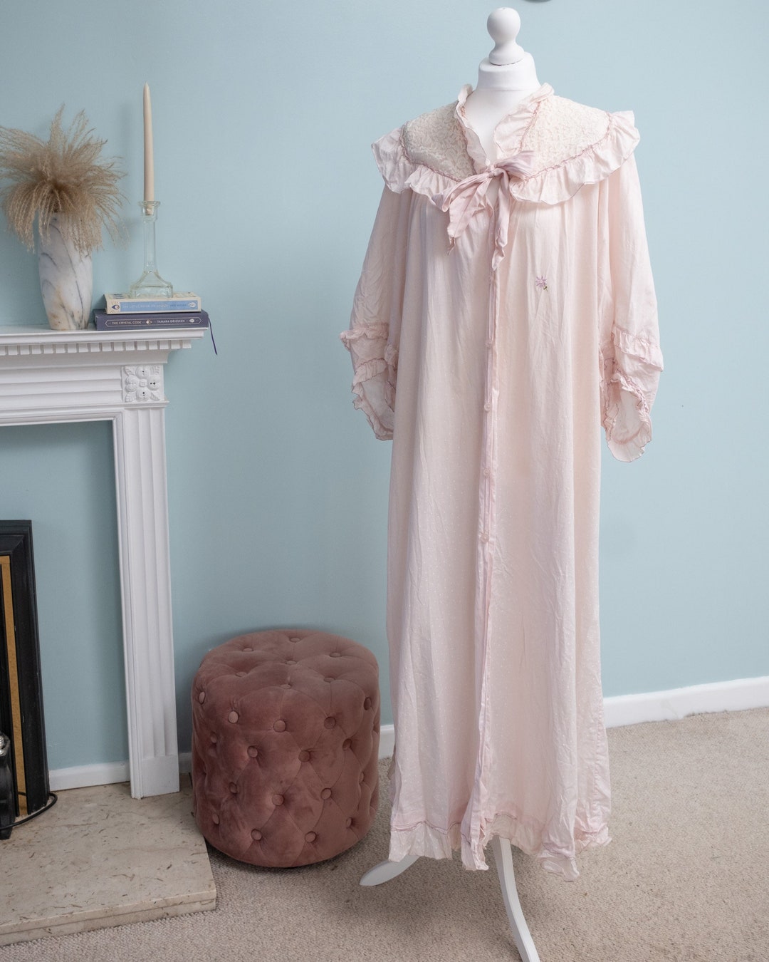 Vintage Sylphide Frilly Ruffled Puff Sleeved Baby Pink House Coat ...