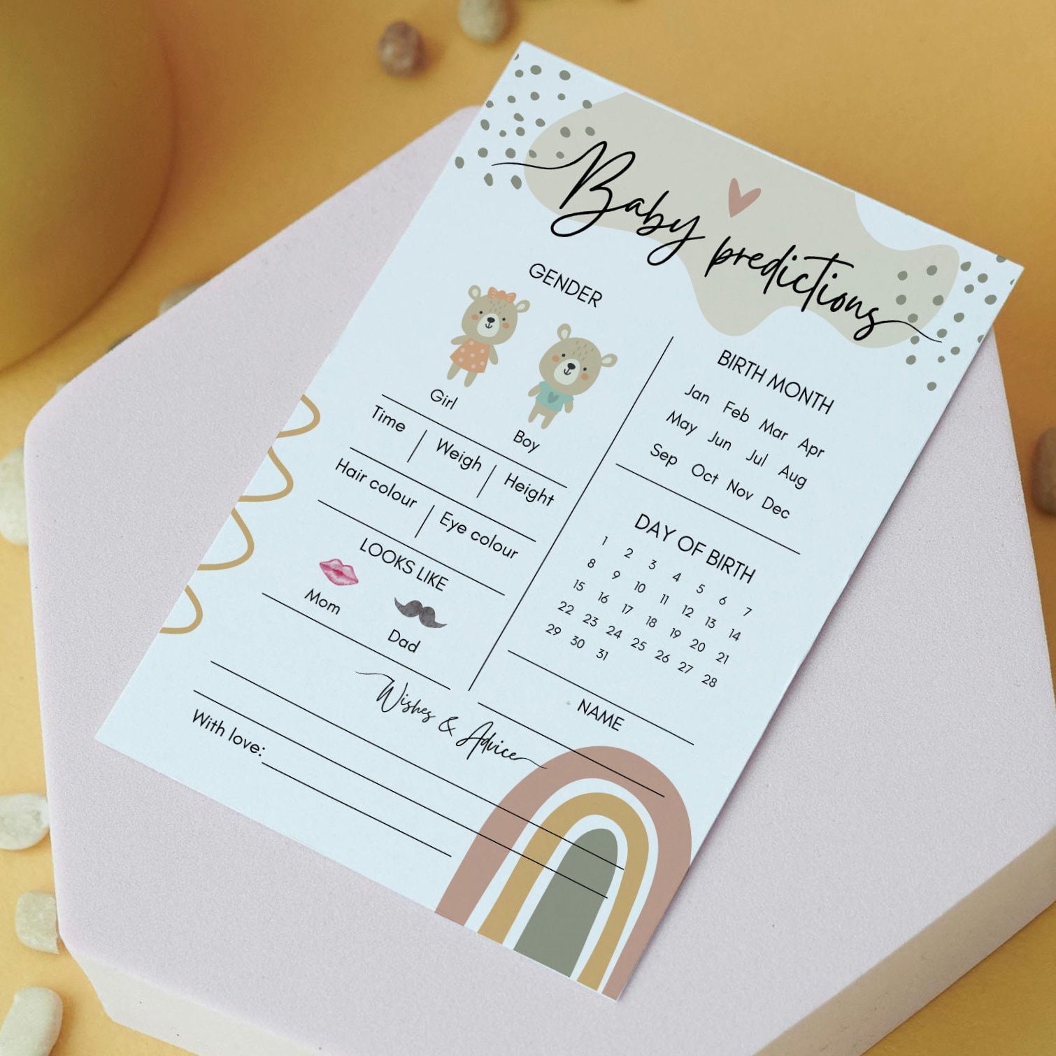 Cute Baby Prediction Cards Rainbow Beige Bears Baby Shower Gift Card ...