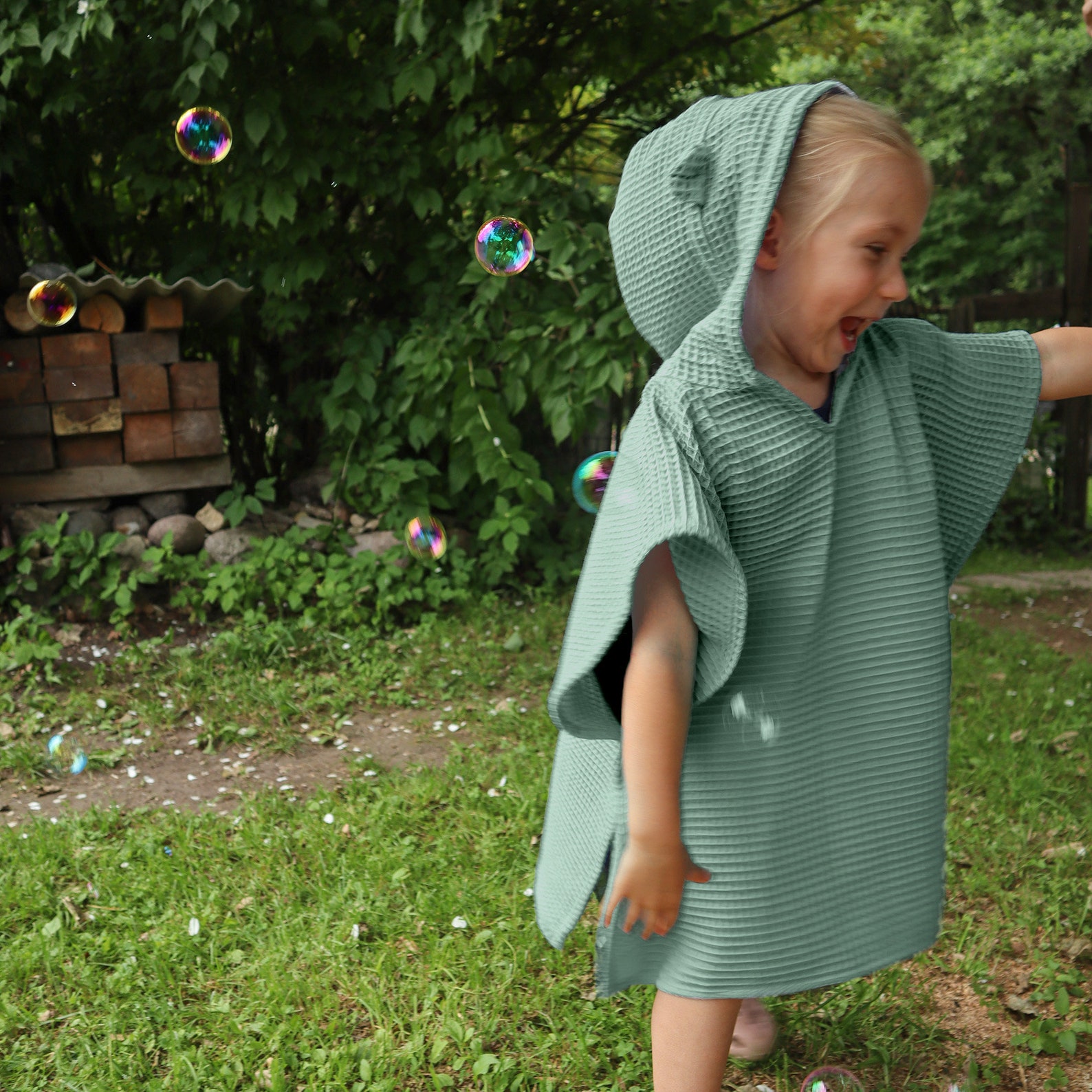 Kids Poncho Cotton Waffle Hooded Towel With Ears Cute Beach Bath Towel ...