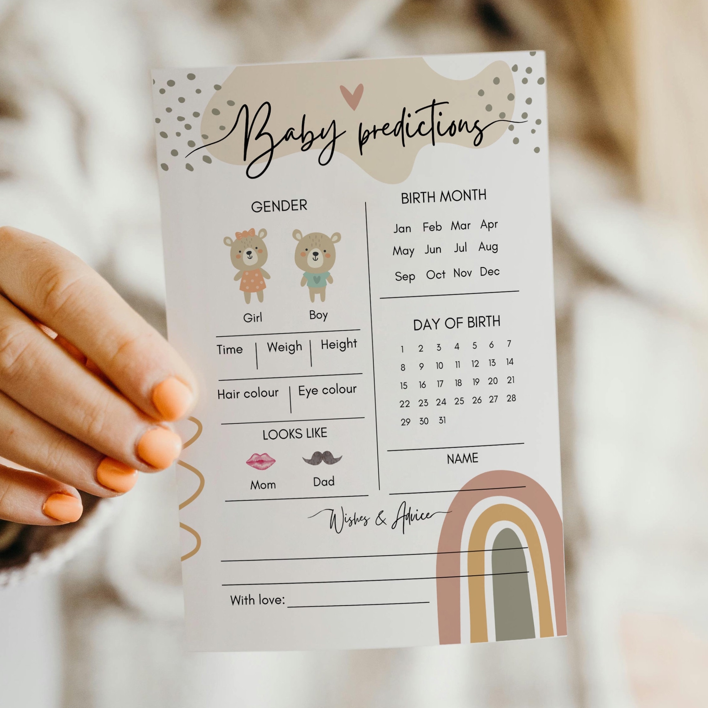 Cute Baby Prediction Cards Rainbow Beige Bears Baby Shower Gift Card ...