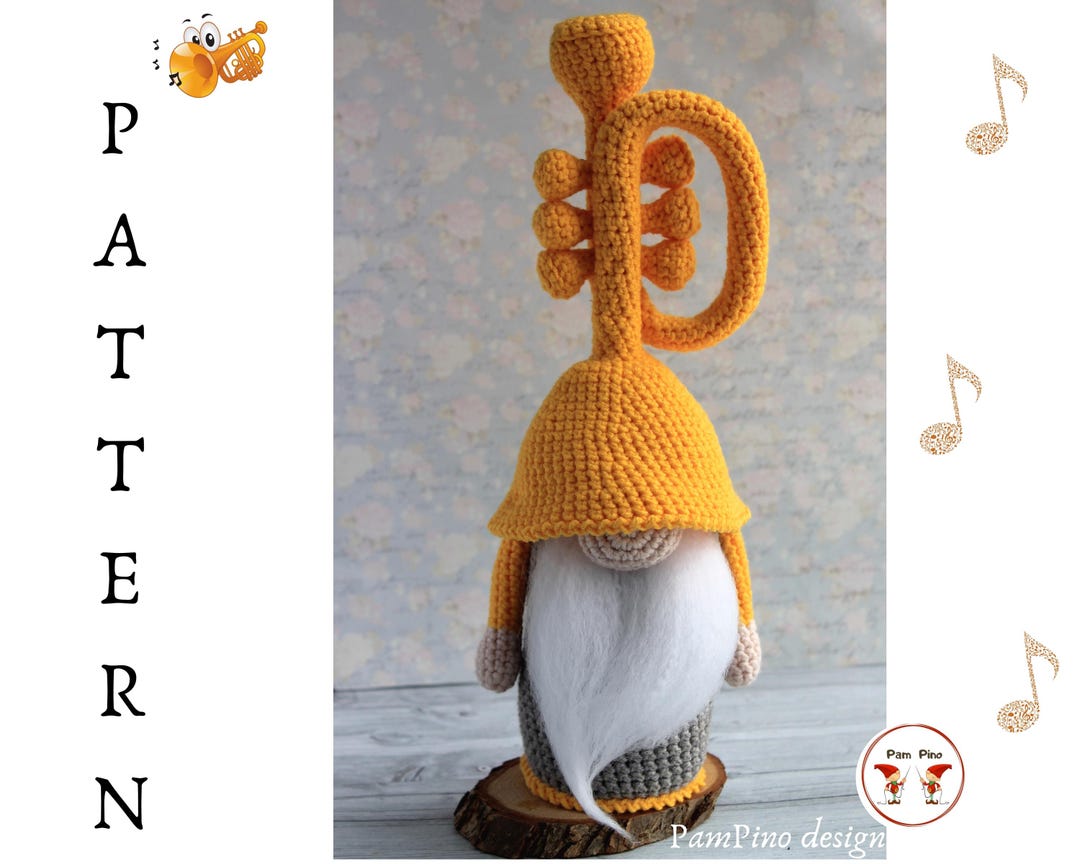 Crochet Patterns Music Gnomes, Crochet Trumpet Pattern, Teachers Day ...