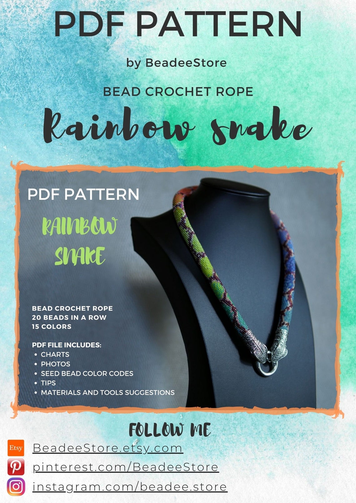Ombre Snake Necklace Bead Crochet Pattern. PDF Pattern for Gradient ...