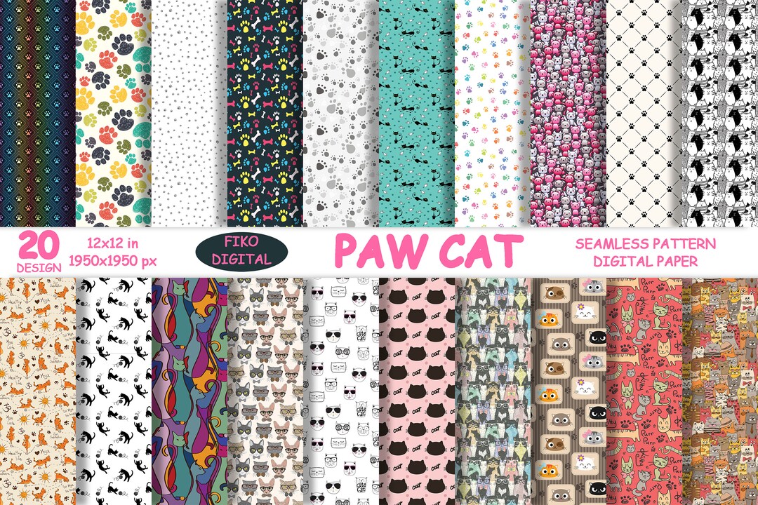 Cat Paw Prints Seamless Digital Paper, Pet Paws Patterns, 12x12 ...