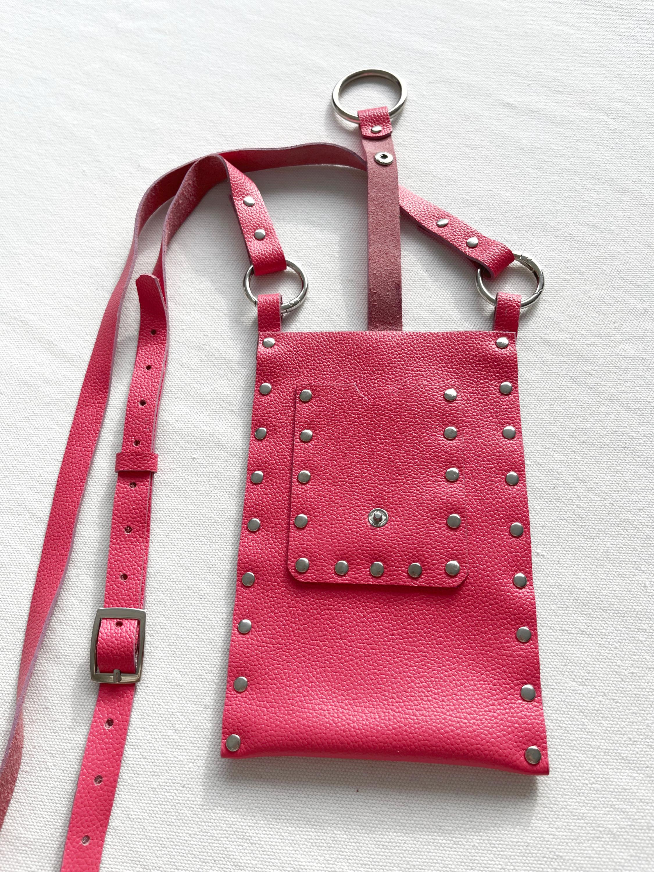Pink Studded Leather Crossbody Phone Bag: Handmade Mini Bag - Etsy