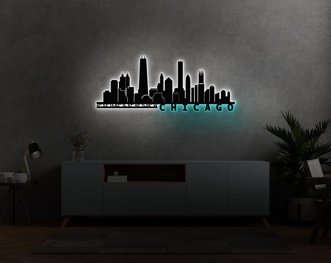 Chicago-themed Modern Wall Art: Metal City Map, LED Sign, Coordinates ...