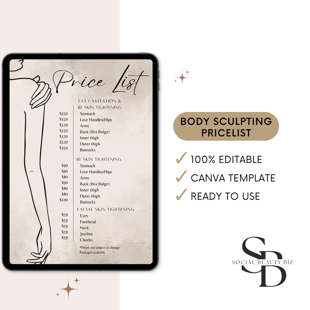 Body Sculpting Pricelist | Ready to Use | 100% Editable | Body Contouring | Wood Therapy | Skin ...