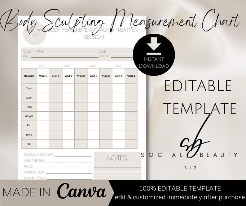 Body Measurement Chart / Body Sculpting / Body Contouring Tracker ...